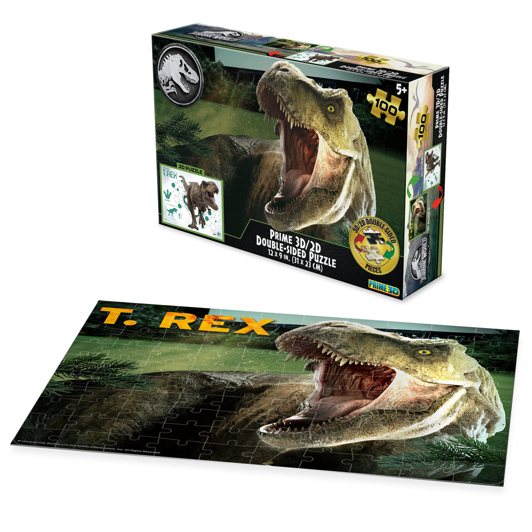 Jurassic World TRex Double Sided 3D/2D Jigsaw Puzzle 20586 100pc 12x9 ...